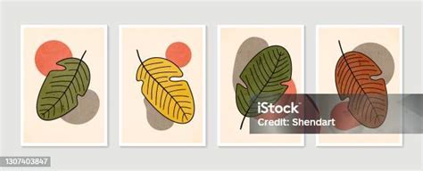 식물벽 아트 벡터 세트 최소한의 자연 벽 예술 추상적인 모양의 보호 단풍 라인 아트 드로잉 인쇄 벽지 커버에 대한 추상 식물 예술 디자인 현대 벡터 일러스트레이션 가을에
