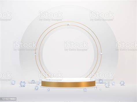 다이아몬드와 황금 받침대의 3d 렌더링 브랜딩 및 패키징 프레젠테이션을 위한 최소한의 고급 스러움 흰색과 금색 색상의 추상적 인