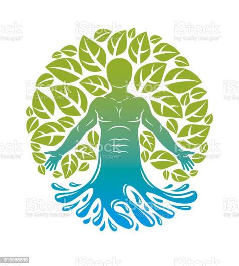 벡터 그래픽 일러스트 레이 션의 인간 개성 파에서 신흥 및 에코 그린에 둘러싸여 떠난다 웰빙과 조화는 유 건강 개념을 복원 개념에 대한 스톡 벡터 아트 및 기타 이미지
