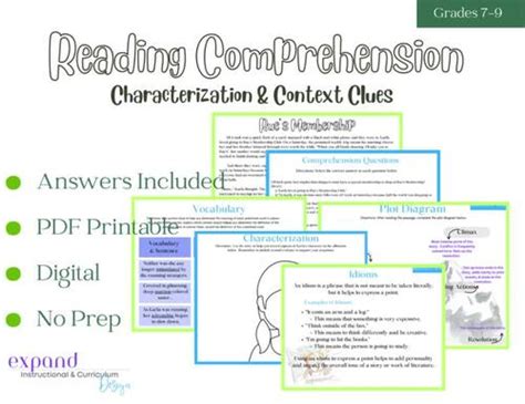 Reading Comprehension Characterization And Context Clues Tpt