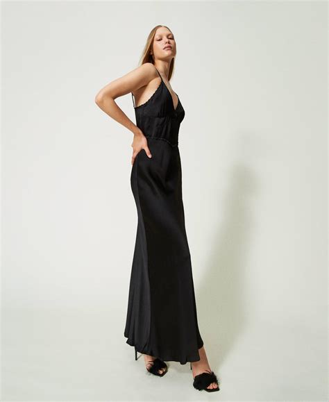 Vestido Largo De Raso Con Bordado Mujer Negro Twinset Milano