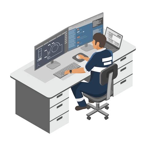 Cad 소프트웨어 다중 모니터로 작업하는 기계 제조 및 엔지니어링 설계자 프리미엄 벡터