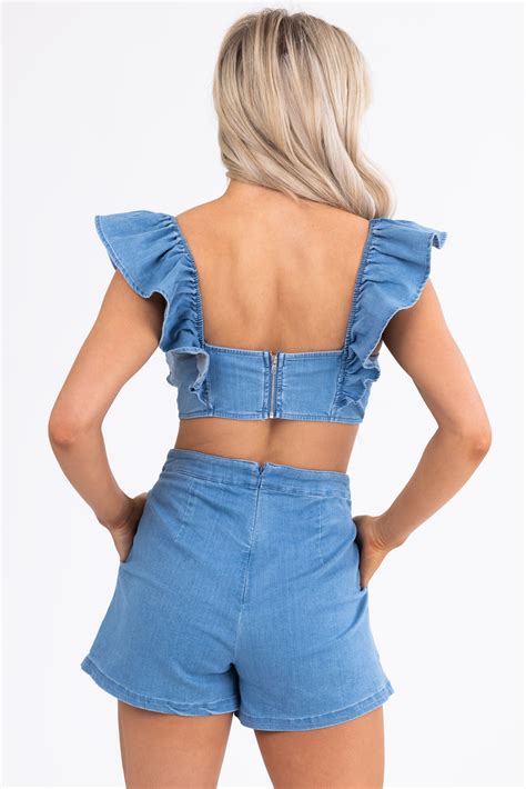 Medium Wash Denim Open Back Ruffled Romper Lime Lush