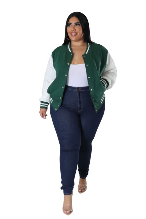 Final Sale Plus Size Plain Varsity Jacket In Green And White Chic And Curvy