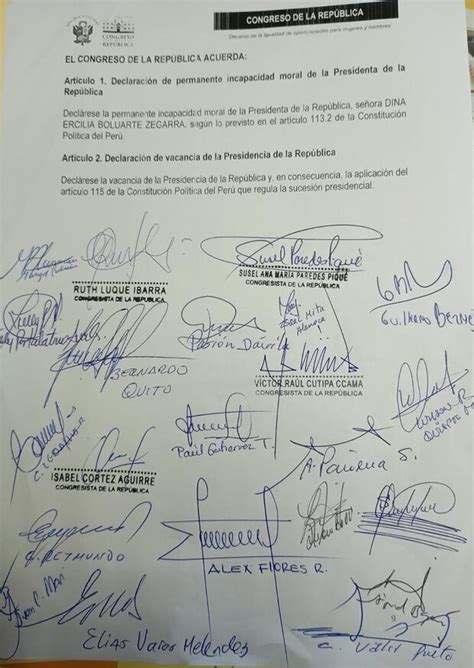Congresistas Presentan Nueva Moción De Vacancia Contra Dina Boluarte