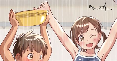 スク水 男の子と女の子のシャワー（skeb）＆残暑お見舞い 小玉桃太郎のイラスト Pixiv