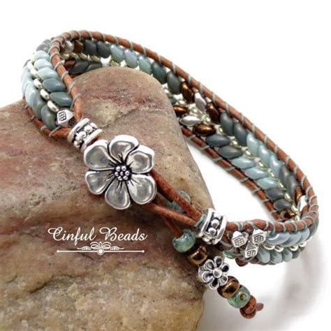 Silver Leather Wrap Beaded Bracelet Boho Blue Moon Etsy