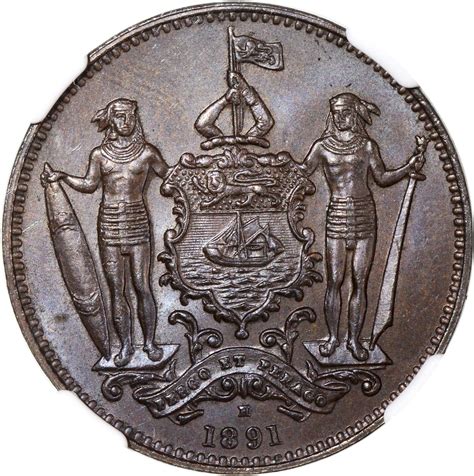 1891h年英属北婆罗洲1分铜币，喜顿造币厂。ngc Ms65bn，ngc仅11枚更高分。正面深啡色包浆，背面带红色原光。 Spink2024