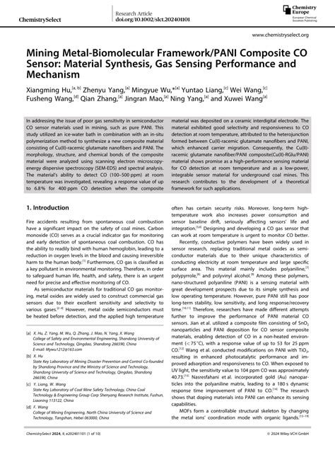 Mining Metal‐biomolecular Framework Pani Composite Co Sensor Material Synthesis Gas Sensing