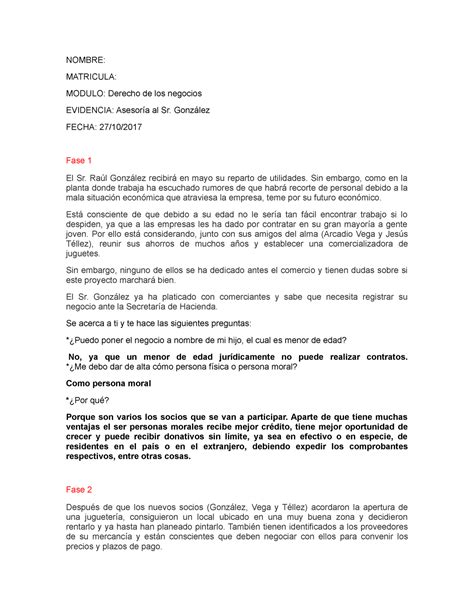 Asesoría Al Sr González Nombre Matricula Modulo Derecho De Los
