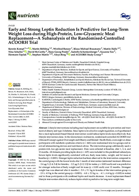 Pdf Early And Strong Leptin Reduction Is Predictive For Long Term