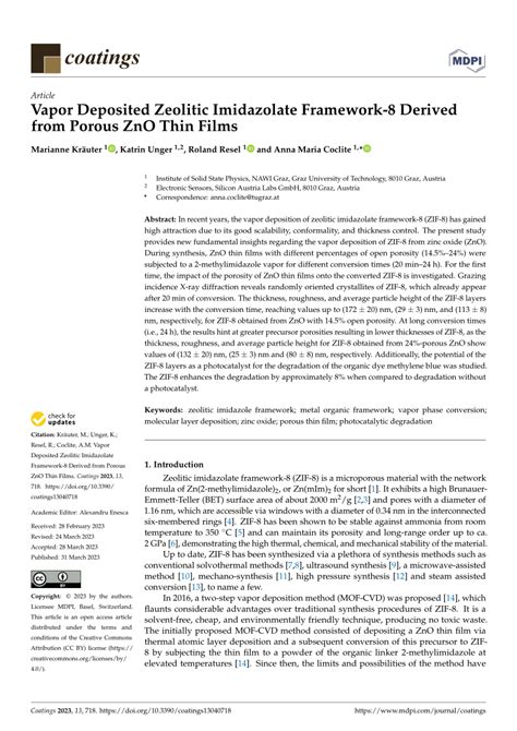 Pdf Vapor Deposited Zeolitic Imidazolate Framework 8 Derived From Porous Zno Thin Films
