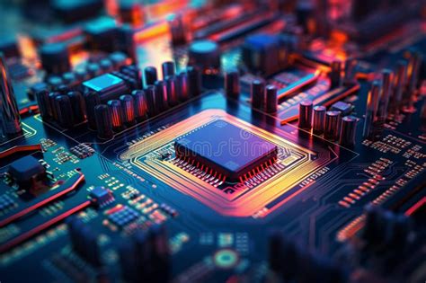 Close Up Of A Microchip Circuit Board Of A Computer With Neon Lights