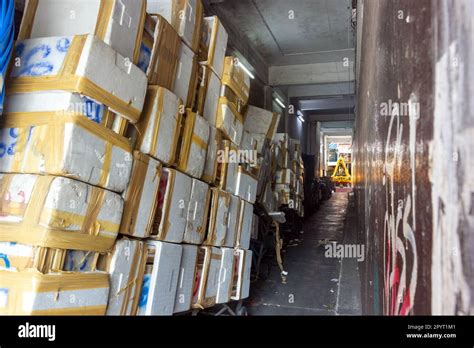 A Narrow Passage With Stored Polystyrene Boxes Bangkok Thailand Stock