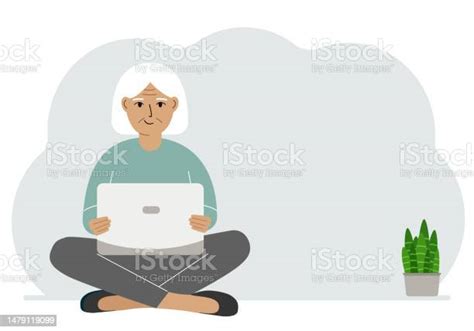 한 여성이 노트북을 들고 손에 다리를 꼬고 앉아 있습니다 일 교육 독서 비디오 시청의 개념 격리에 대한 스톡 벡터 아트 및 기타