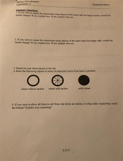 Physics 220 Laboratory Experiment 11 Rotational Chegg