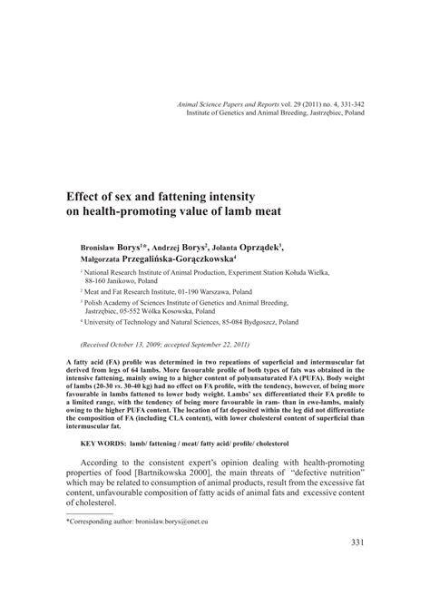 Pdf Effect Of Sex And Fattening Intensity On Health Promoting Value