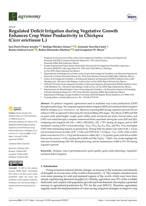 Pdf Regulated Deficit Irrigation During Vegetative Growth Enhances Crop Water Productivity In