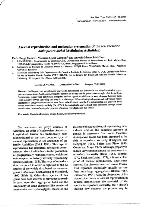 Pdf Asexual Reproduction And Molecular Systematics Of The Sea Anemone Anthopleura Krebsi