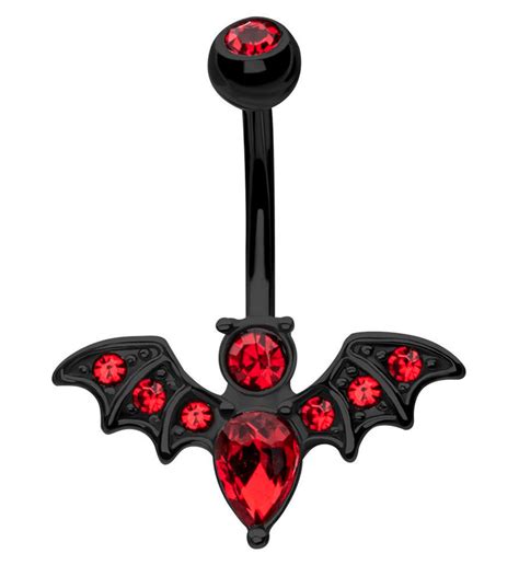 Black Pvd Bat Red Cz Stainless Steel Belly Button Ring