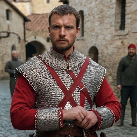 A Man In A Red And Silver Armor Stands In Front Of A Stone Building