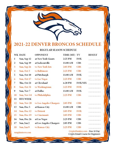 Printable 2021 2022 Denver Broncos Schedule