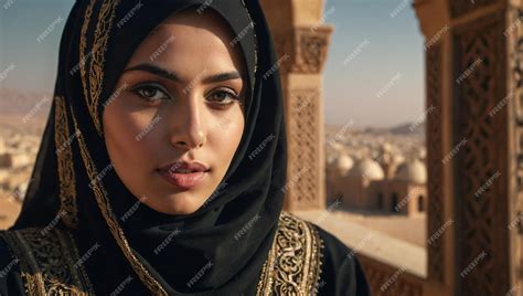 Premium Photo Beautiful Arabic Girl In Traditional Black Dress With Hijab