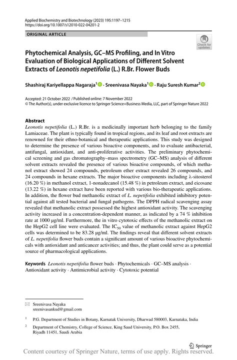 Phytochemical Analysis Gc Ms Profiling And In Vitro Evaluation Of
