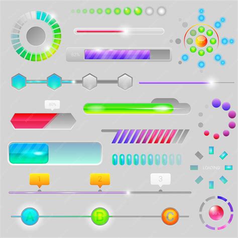 背景に分離された表示イラストセットのロードまたはダウンロードの進行状況インジケーターをアップロードまたはダウンロードする進行状況バーの