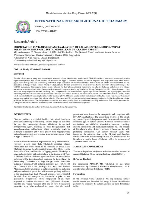 Pdf Formulation Development And Evaluation Of Bio Adhesive Carbopol 974p Nf Polymer Matrix
