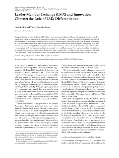 PDF Leader Member Exchange LMX And Innovation Climate The Role Of LMX Differentiation