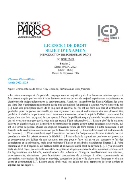Introduction Historique Au Droit LICENCE 1 DE DROIT SUJET D EXAMEN