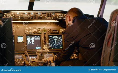 Aviation Captain Putting Coordinates To Fly Airplane To Destination Stock Image Image Of