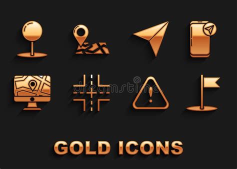 Set Road Traffic Sign Infographic Of City Map Navigation Flag Exclamation Mark In Triangle