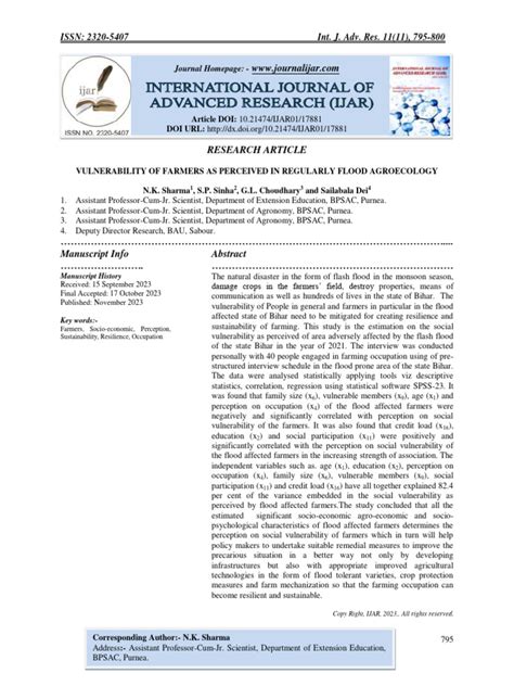 Vulnerability Of Farmers As Perceived In Regularly Flood Agroecology