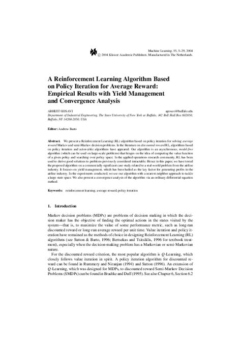 Pdf A Reinforcement Learning Algorithm Based On Policy Iteration For