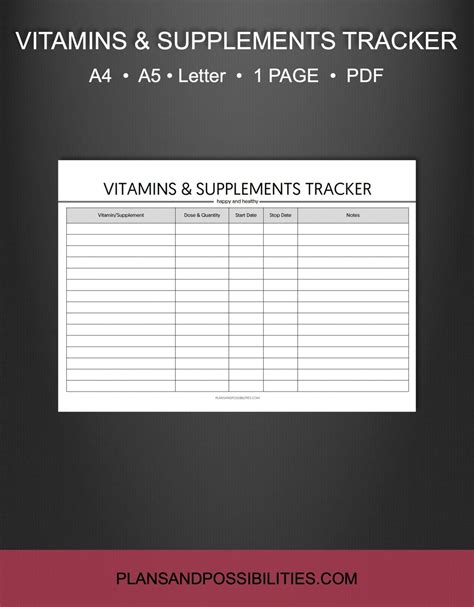 Vitamin Tracker Printable Vitamin Planner Health Tracker Supplement