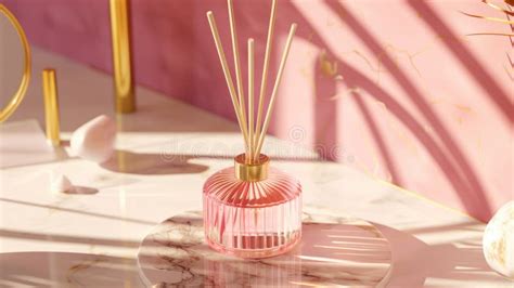Elegant Pink Reed Diffuser In A Sunlit Modern Marble And Gold Accented