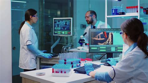 Scientist Researcher Using Microscope In Laboratory While Nurse Taking
