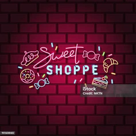 달콤한 Shoppe 네온 간판입니다 네온 사인 밝은 간판 배너 빛 벡터 아이콘 간판에 대한 스톡 벡터 아트 및 기타 이미지
