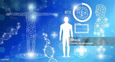 파란 빛 두뇌 및 인체 치유에 있는 추상적인 배경 기술 개념 시험 분석 클론 Dna 인간을 가진 미래 및 세계적인 국제 의학에 있는 기술 현대 의학 복제에 대한 스톡 벡터