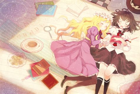 Touhou Girls Black Hair Blonde Hair Book Domotolain Maribel