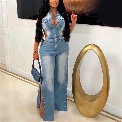 Fs15195d Women Turn Down Collar Sleeveless Casual Loose Denim Jumpsuits