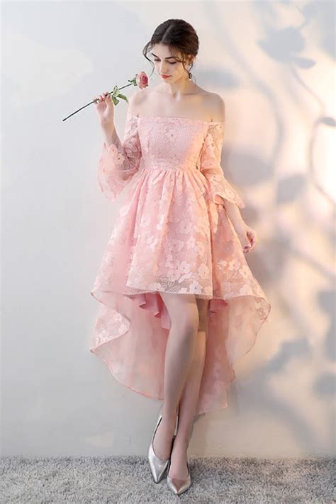 Gorgeous Pink High Low Homecoming Prom Dress With Flower Lace Off