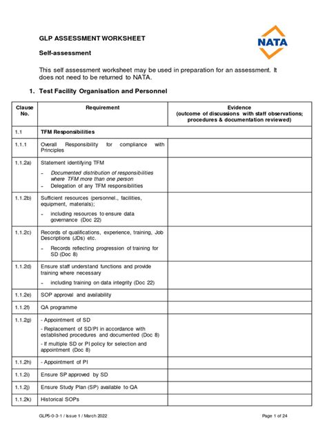 Glp Assessment Worksheet Pdf Verification And Validation Audit