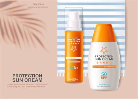 썬 크림 병 3d 현실 격리 바다 배경 열대 배너 포장 보호 썬 크림 Spf 50 여름 화장품 그림 프리미엄 벡터