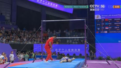 连续三次掉杠！杭州亚运体操女子全能决赛，章瑾高低杠出现重大失误！腾讯视频