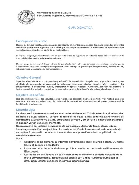 Guia DidÁctica Algebra Lineal SecciÓn °a°docx2021 Pdf Matriz