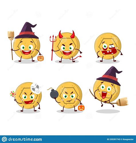 Halloween Expression Emoticons With Cartoon Character Of Dalgona Candy Pentagon Stock Vector