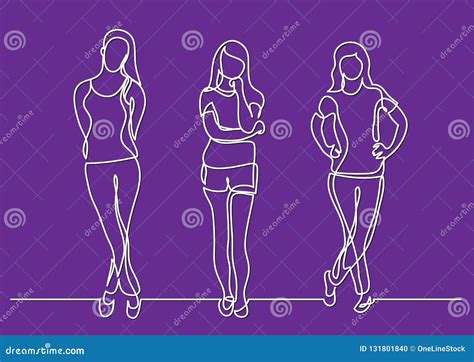Continuous Line Drawing Of Standing Young Women Stock Illustration